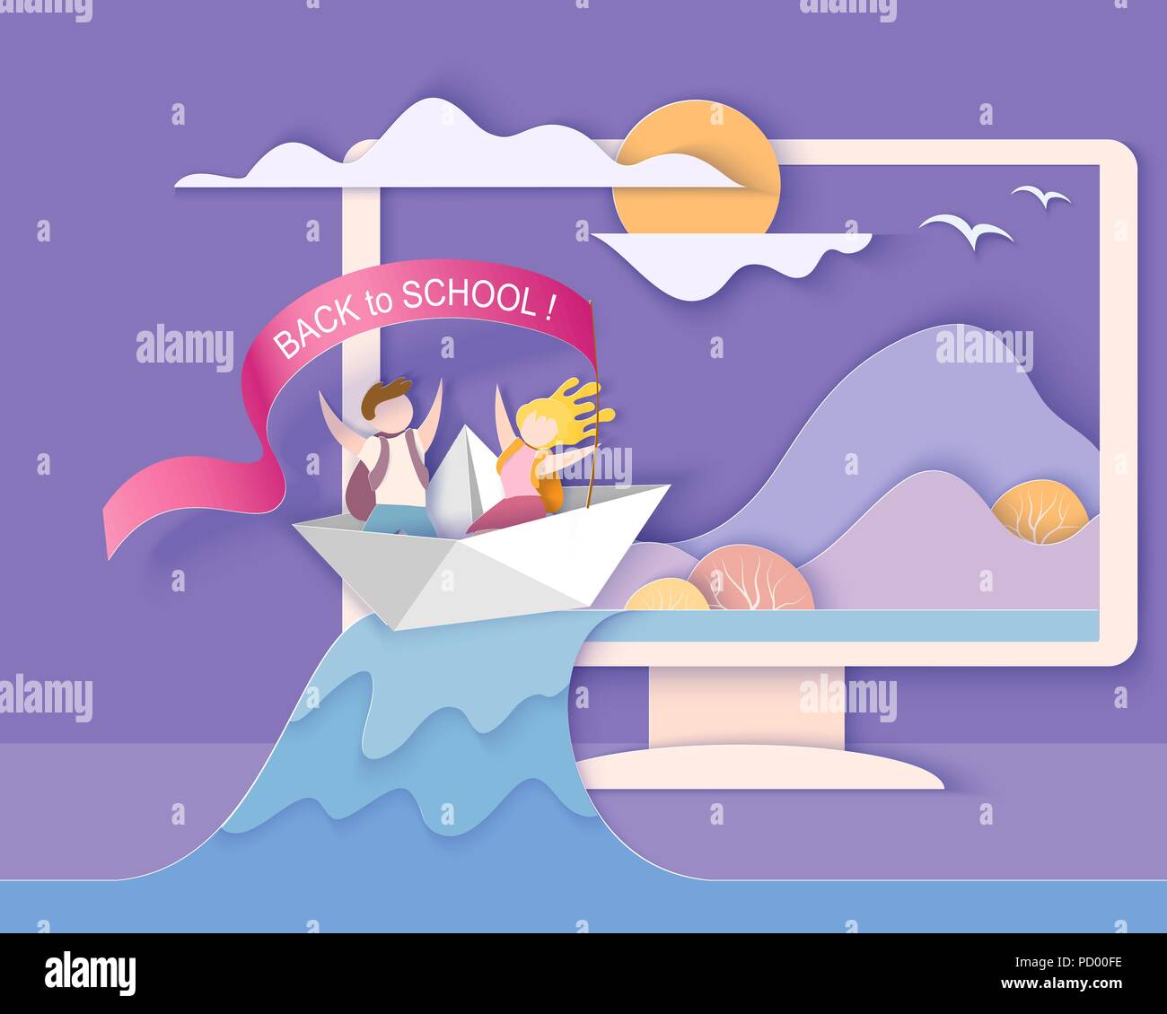 Back to school 1 september card. Monitor screen with mountains, trees ...