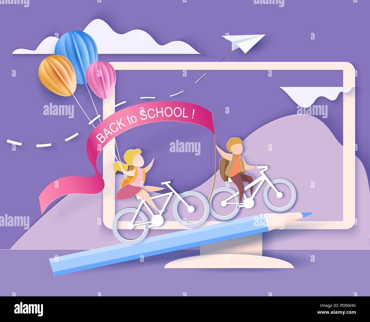 Back to school 1 september card. Monitor screen with mountains, trees ...