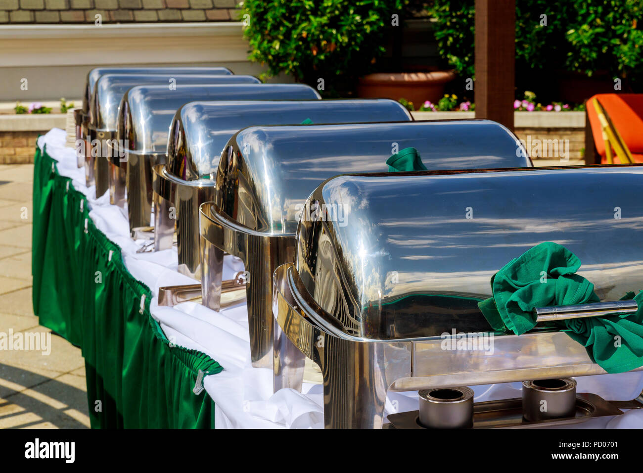 Many buffet heated trays ready for service, warming trays for buffet ...