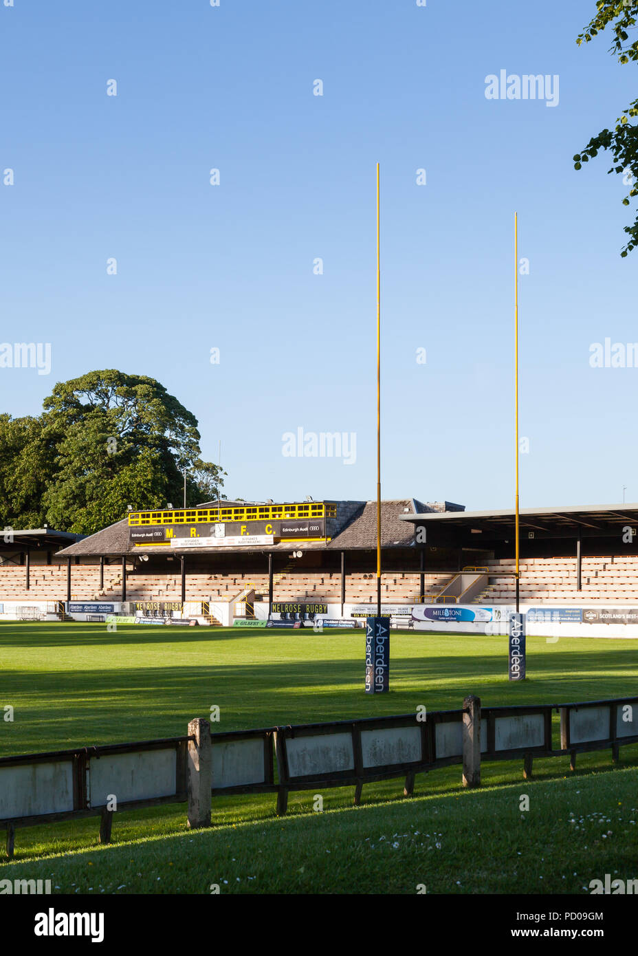 The view beyond the posts and across the pitch of Melrose Rugby Union ...