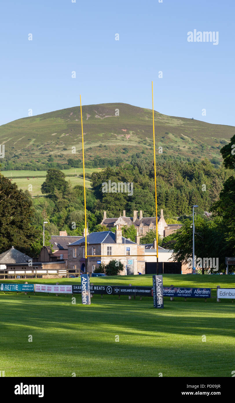 The view across the pitch towards the posts of Melrose Rugby Union Club ...