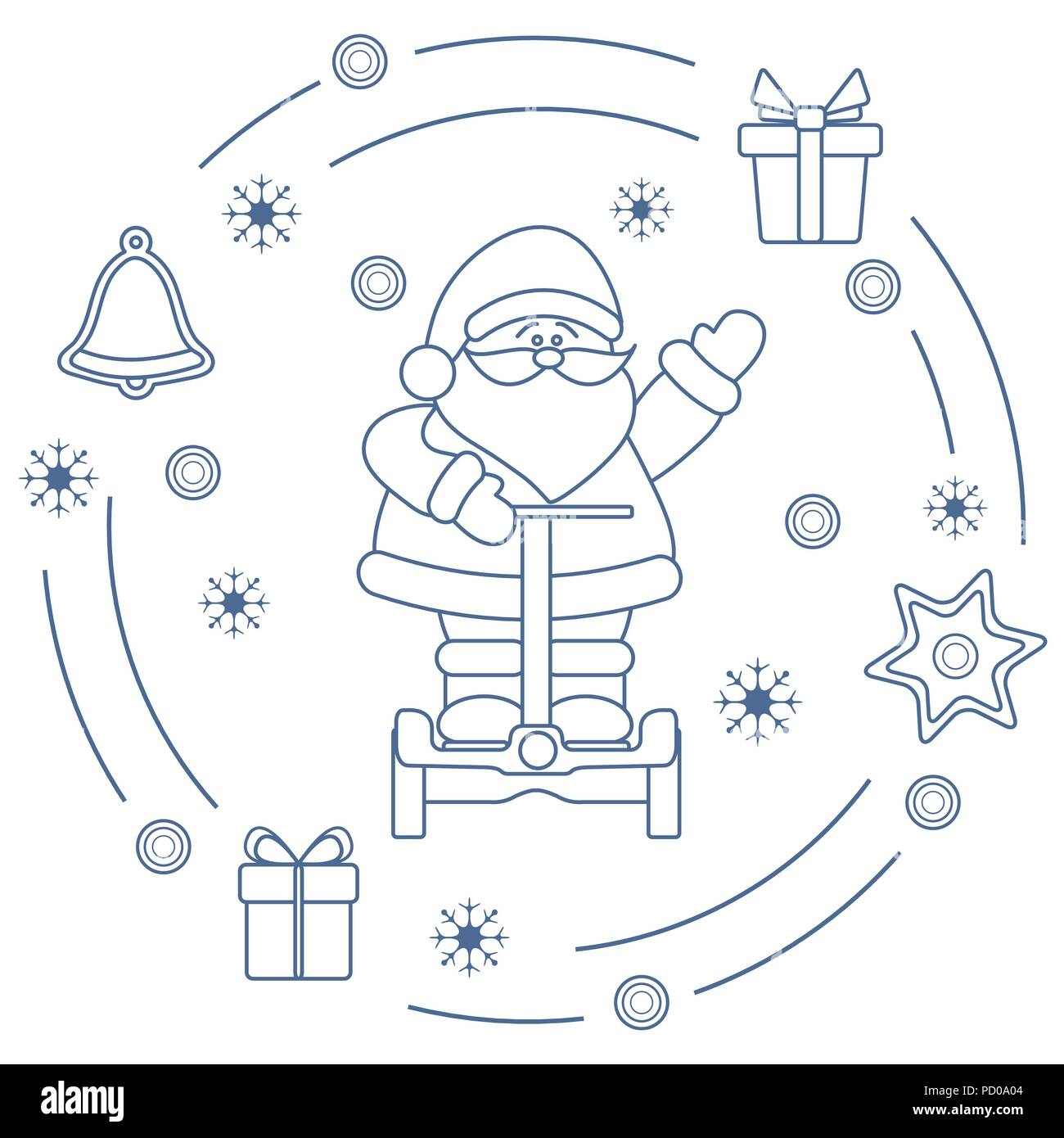 Santa Claus on the segway, gifts, bell, gingerbread, star, snowflakes ...