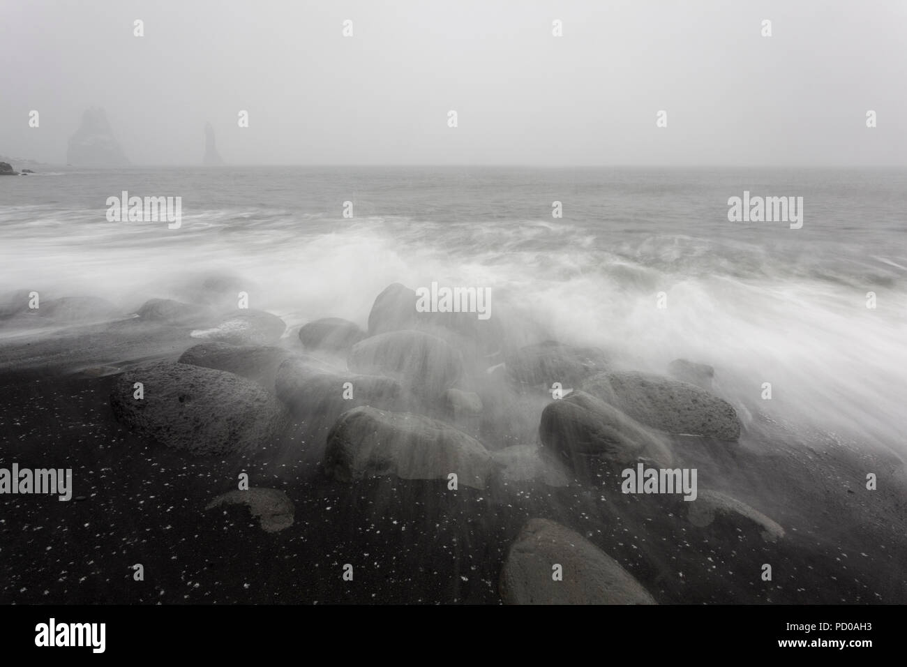 Reynisdrangar rock formations & black beach, Vik, Iceland Stock Photo ...