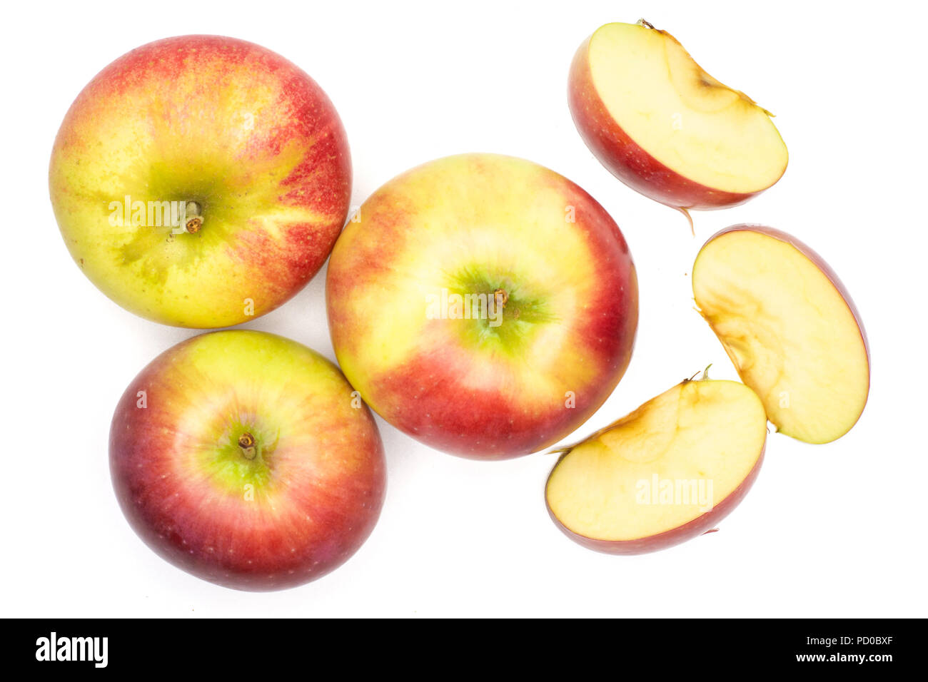 Group of three whole three slices of fresh red apple james grieve ...