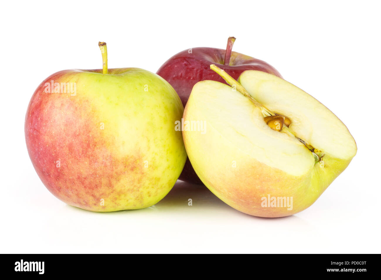 Group of two whole one half of fresh red apple james grieve variety ...