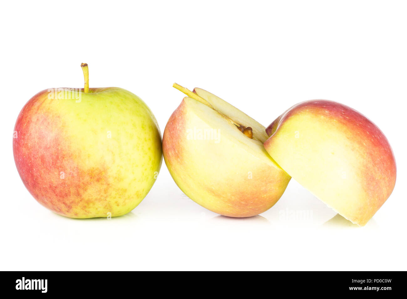 Group of one whole two halves of fresh red apple james grieve variety ...