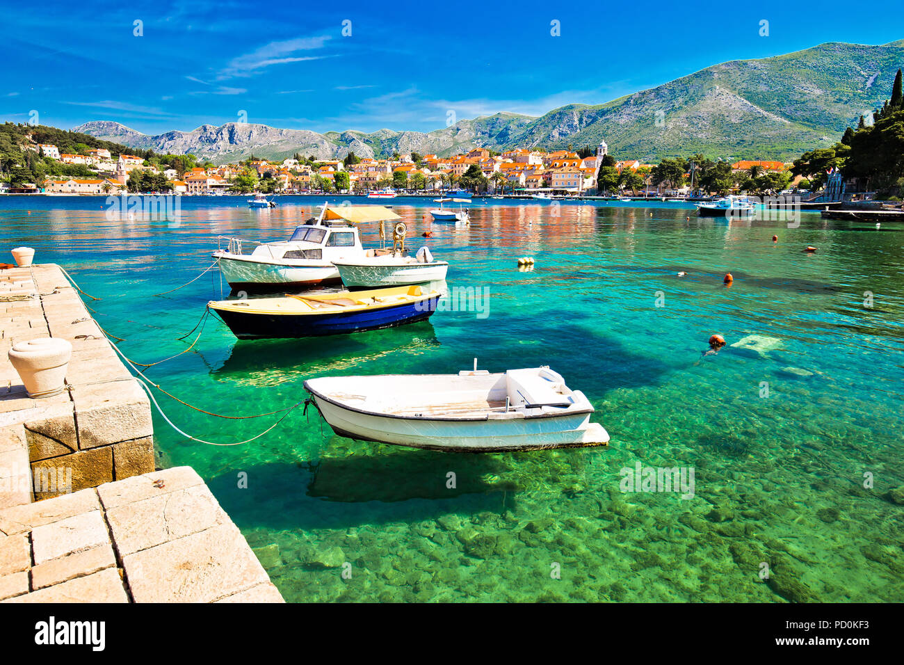Colorful turquoise waterfront in town of Cavtat, southern Dalmatia ...