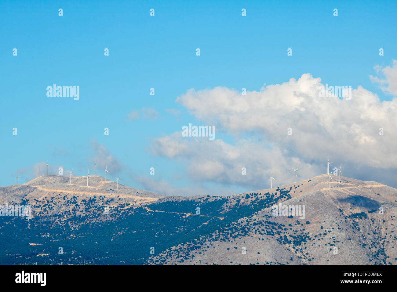 Wind turbines in the mountains of Greek island Kefalonia Stock Photo ...