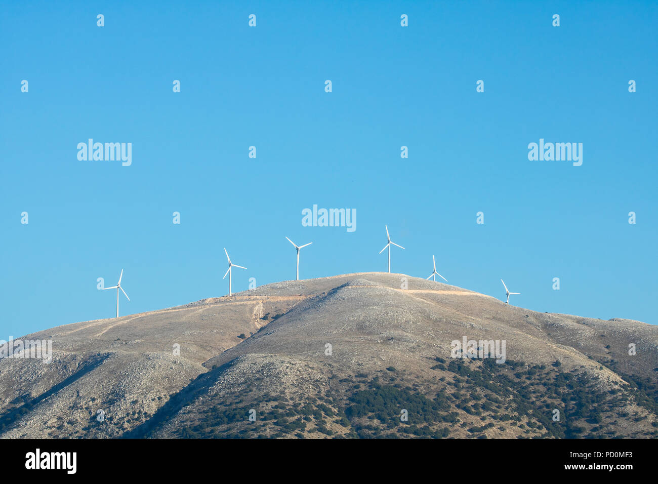 Wind turbines in the mountains of Greek island Kefalonia Stock Photo ...