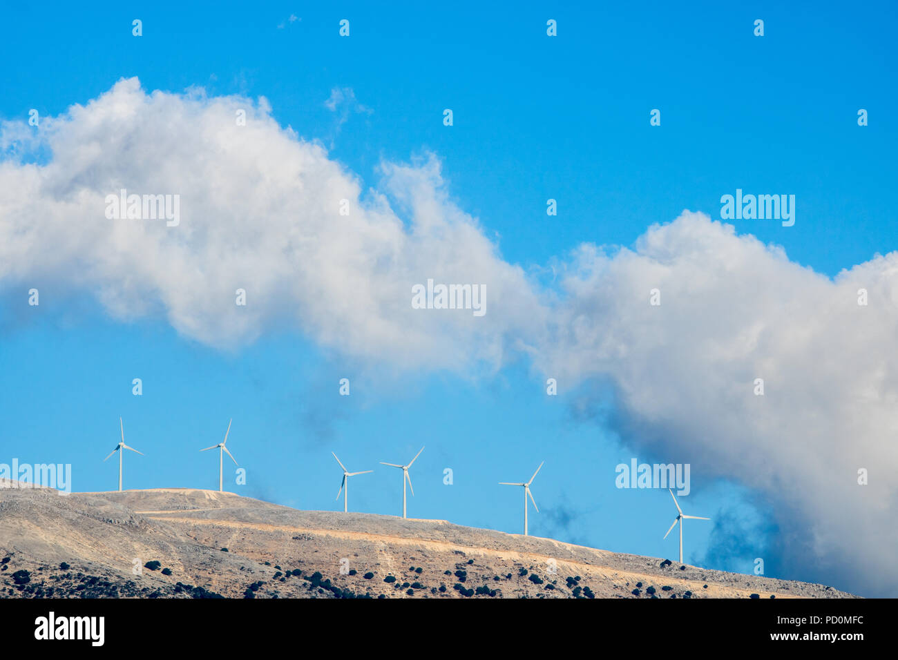 Wind turbines in the mountains of Greek island Kefalonia Stock Photo ...