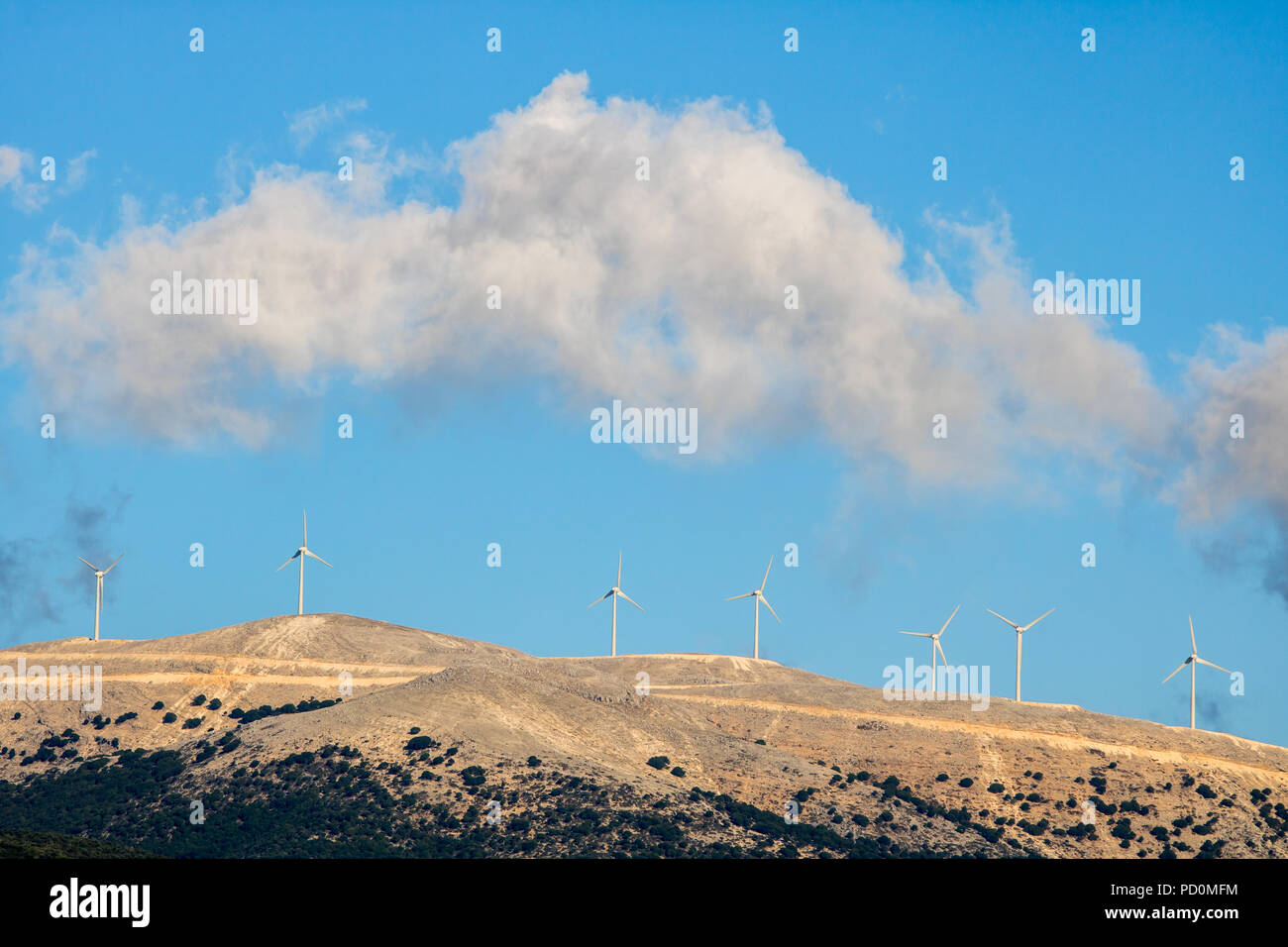 Wind turbines in the mountains of Greek island Kefalonia Stock Photo ...