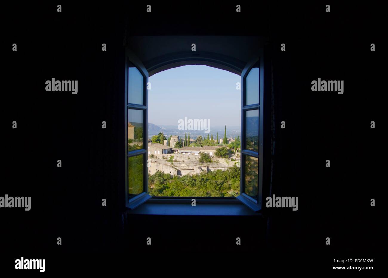 A room with a view. Provence landscape outside a hotel window with a ...