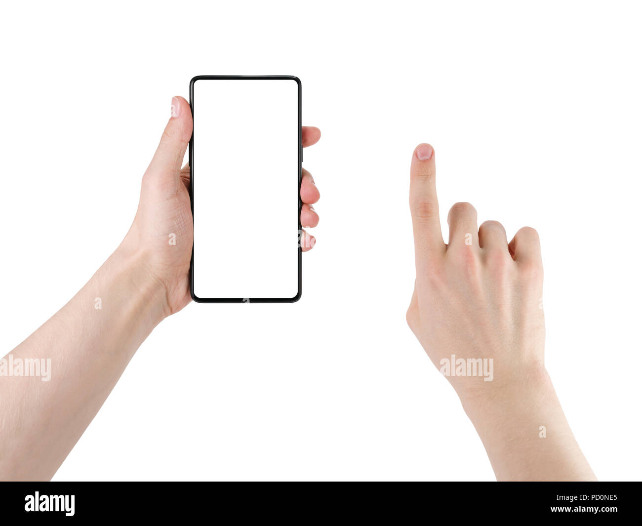 Young man hand holding bezel less smartphone with touch hand isolated ...