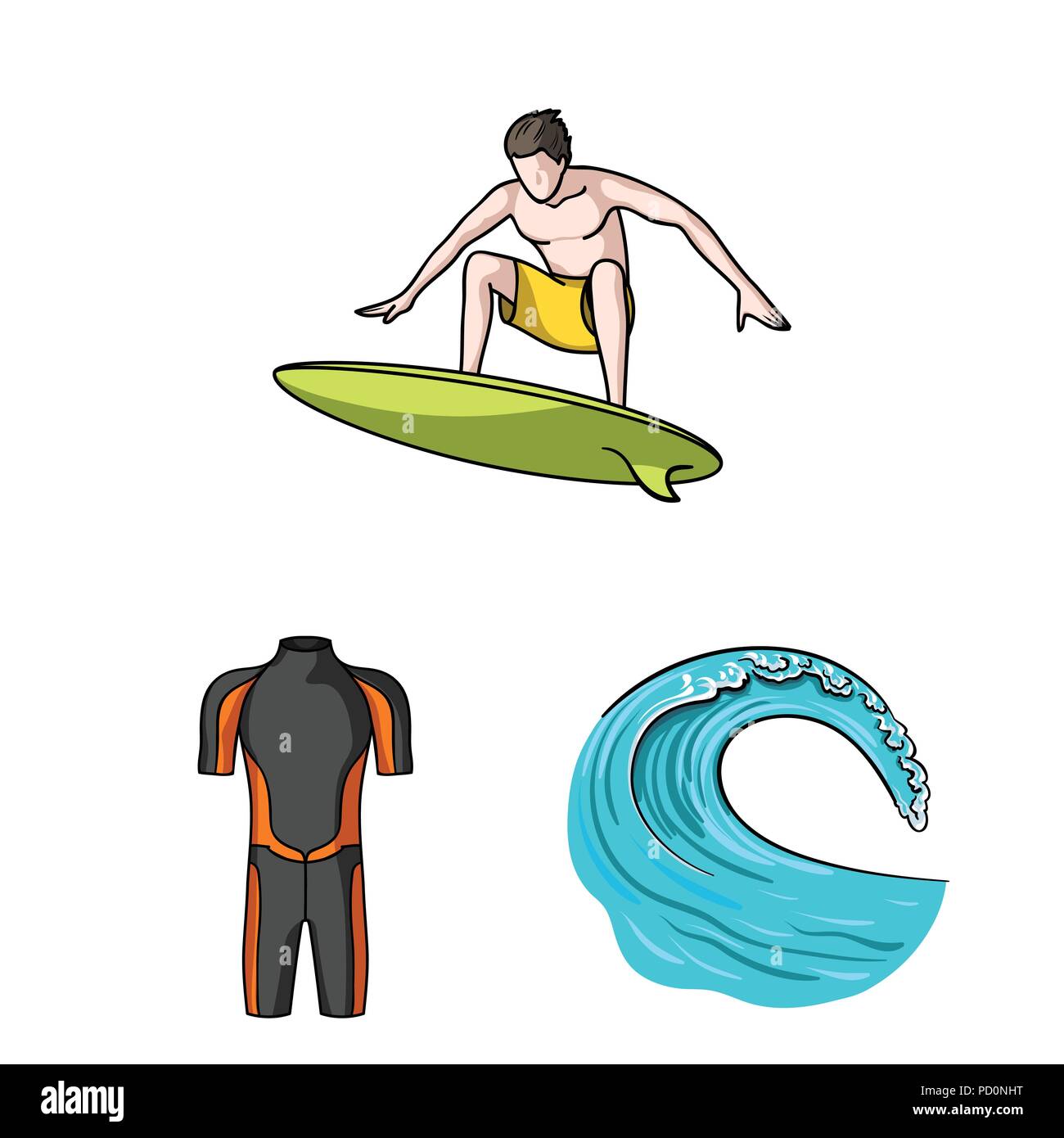 Surfing and extreme cartoon icons in set collection for design. Surfer ...