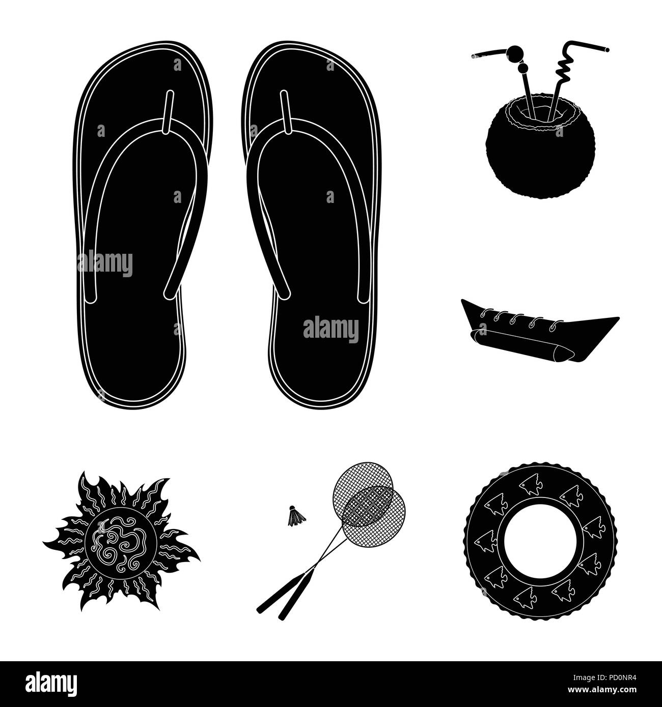 Summer rest black icons in set collection for design. Beach accessory ...