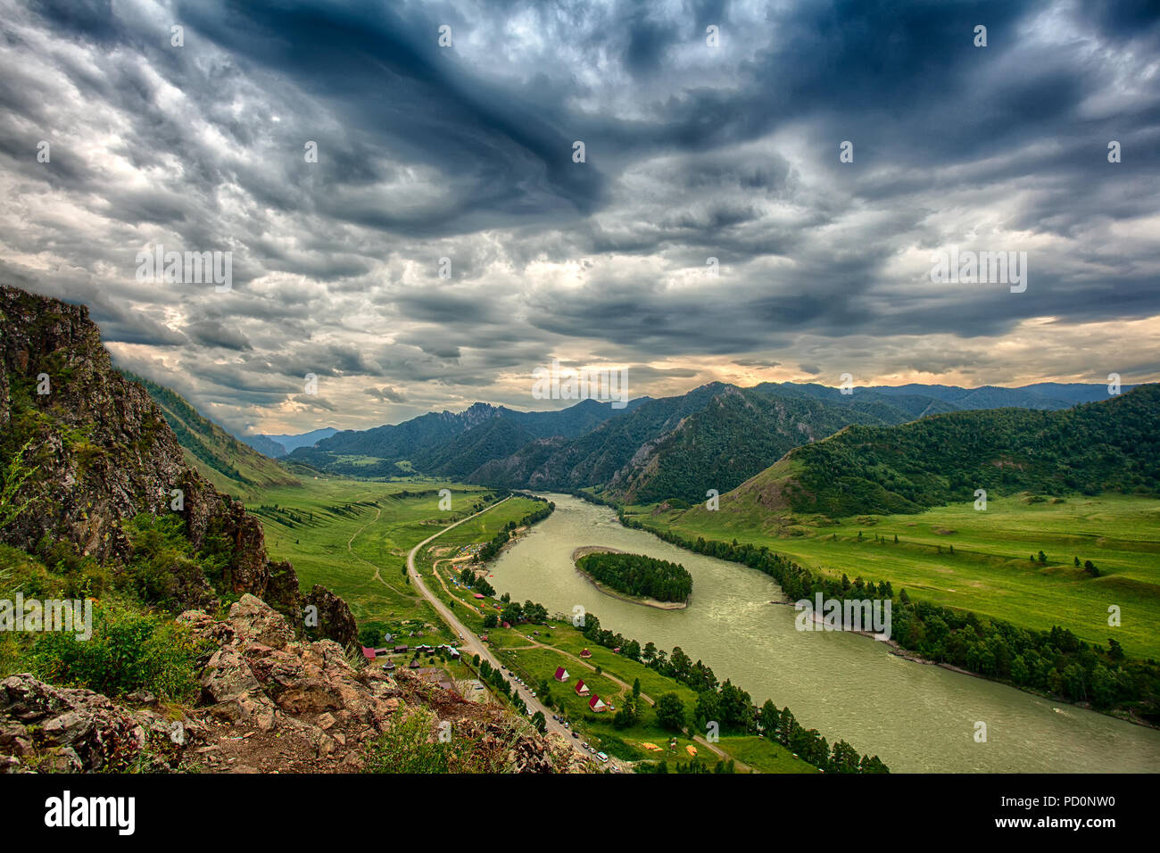 Panoramic view of the mountain river near ALtai, Russia. Mountain river ...