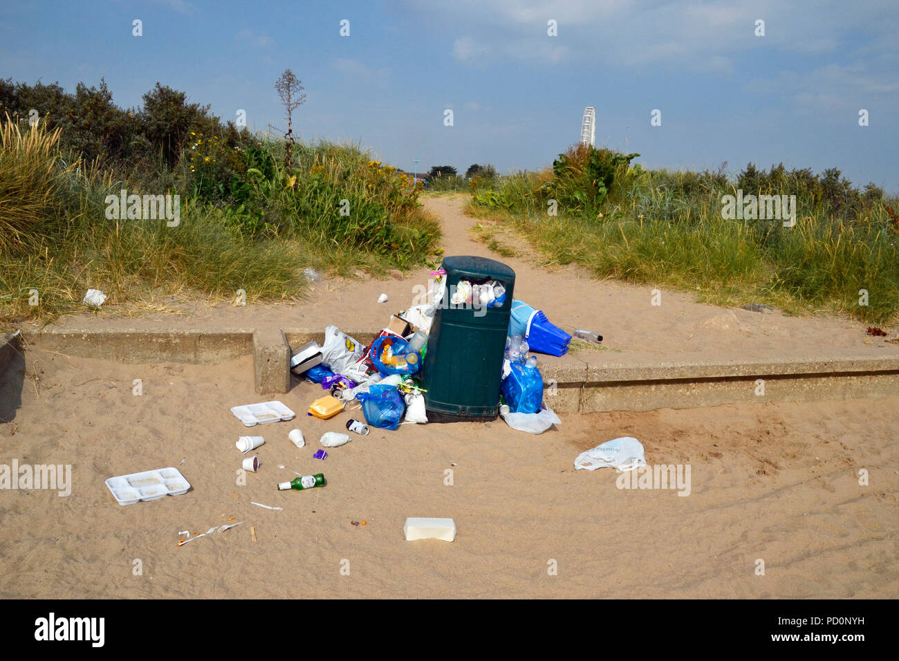 Overflowing rubbish bins and litter on Skegness Beach in Summer 2018 ...