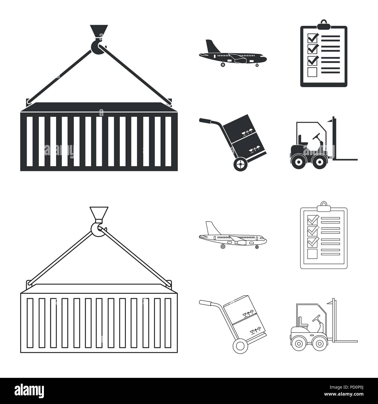 Cargo plane, cart for transportation, boxes, forklift, documents ...