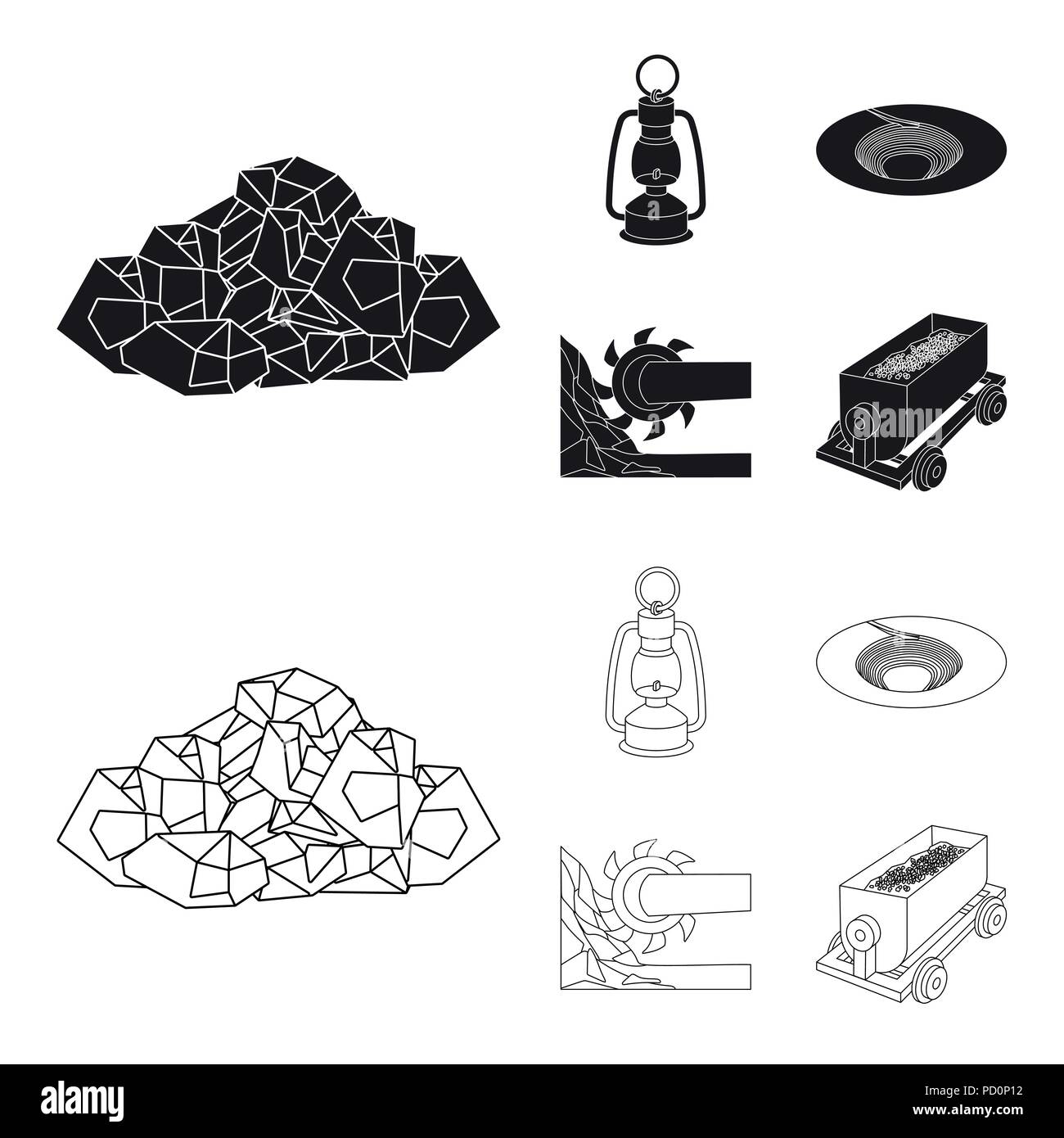 A miner lamp, a funnel, a mining combine, a trolley with ore.Mining ...