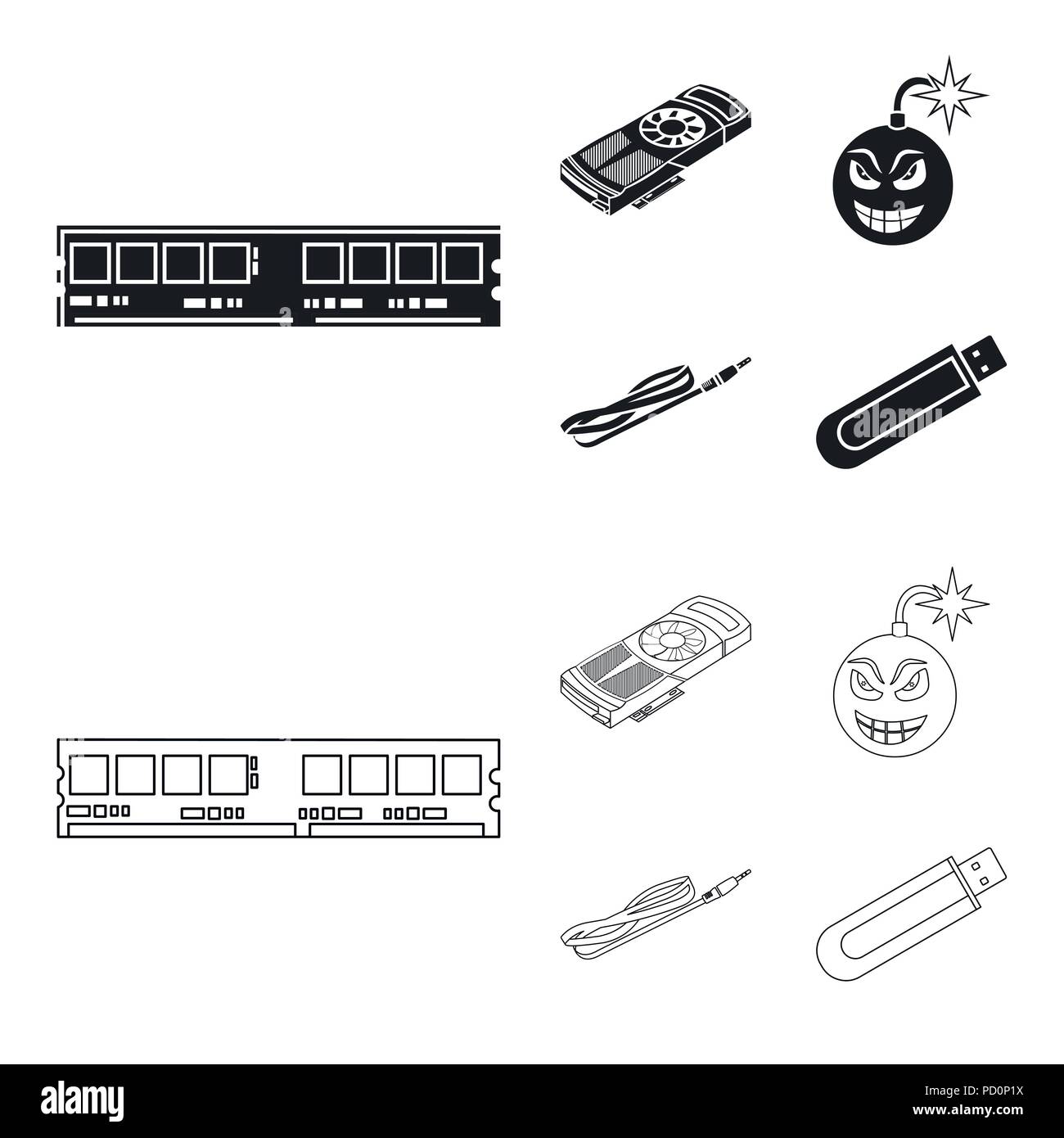 Video card, virus, flash drive, cable. Personal computer set collection ...