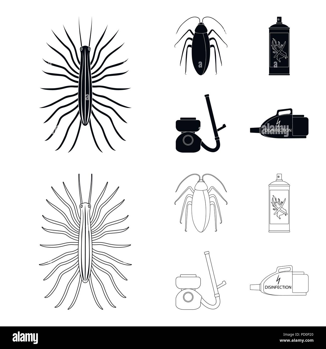 Cockroach and equipment for disinfection black,outline icons in set ...