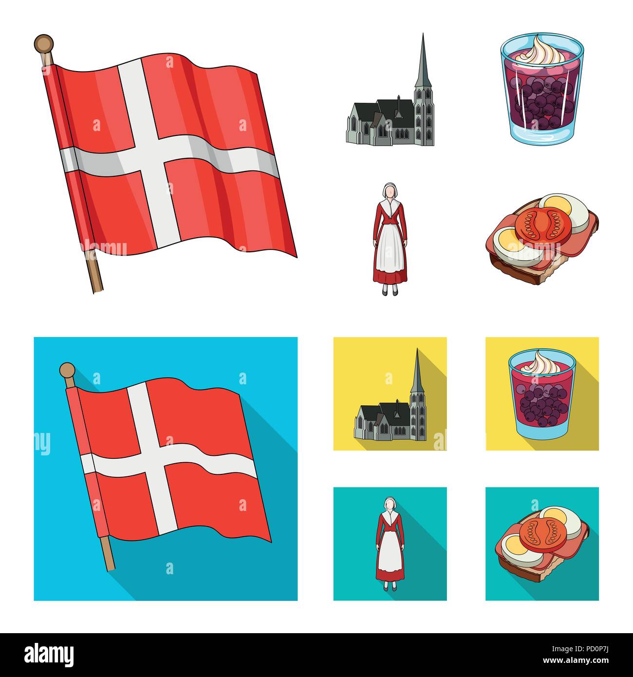Flag, national, symbol, and other icon in cartoon,flat style.Denmark ...