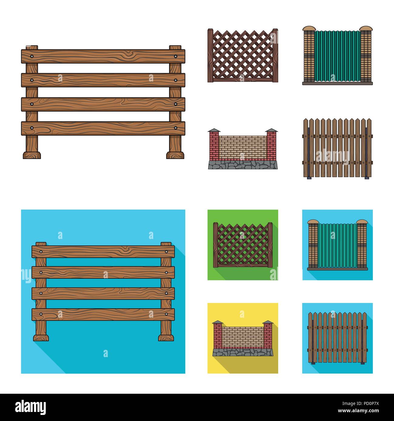 A fence of metal and bricks,wooden palisade. A different fence set ...