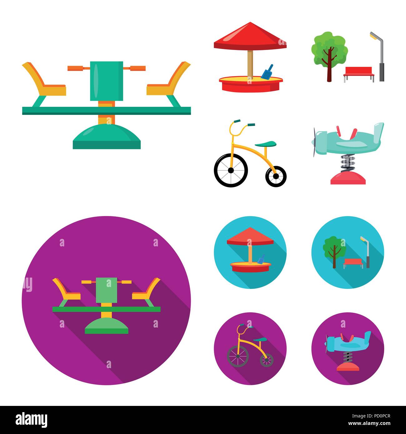 Carousel, sandbox, park, tricycle. Playground set collection icons in ...