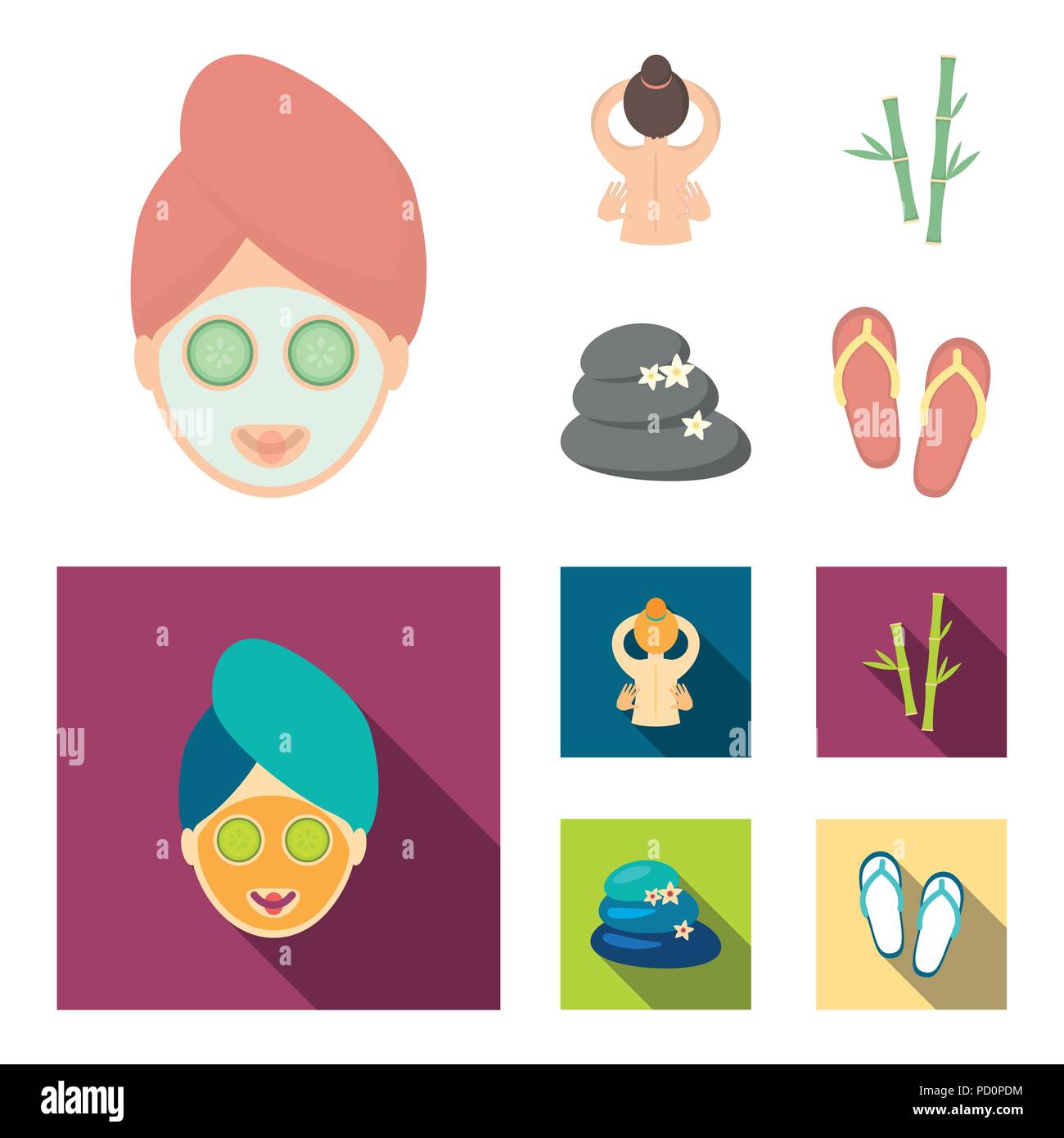 Face with a cosmetic mask with cucumbers, massage hands, bamboo, stones ...