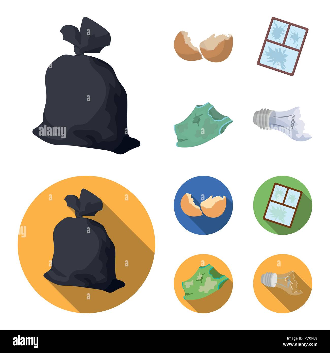 A garbage bag, a broken egg shell, a torn dirty T-shirt, a broken ...