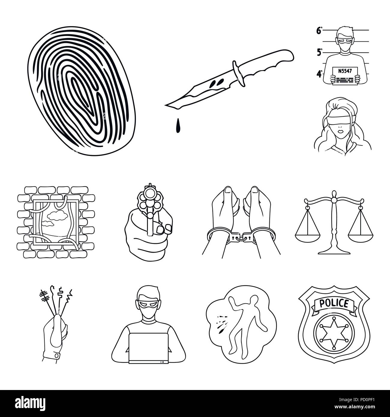 Crime and Punishment outline icons in set collection for design.Criminal vector symbol stock ...