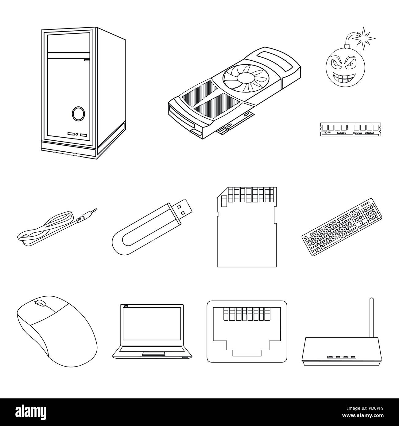 Personal computer outline icons in set collection for design. Equipment ...
