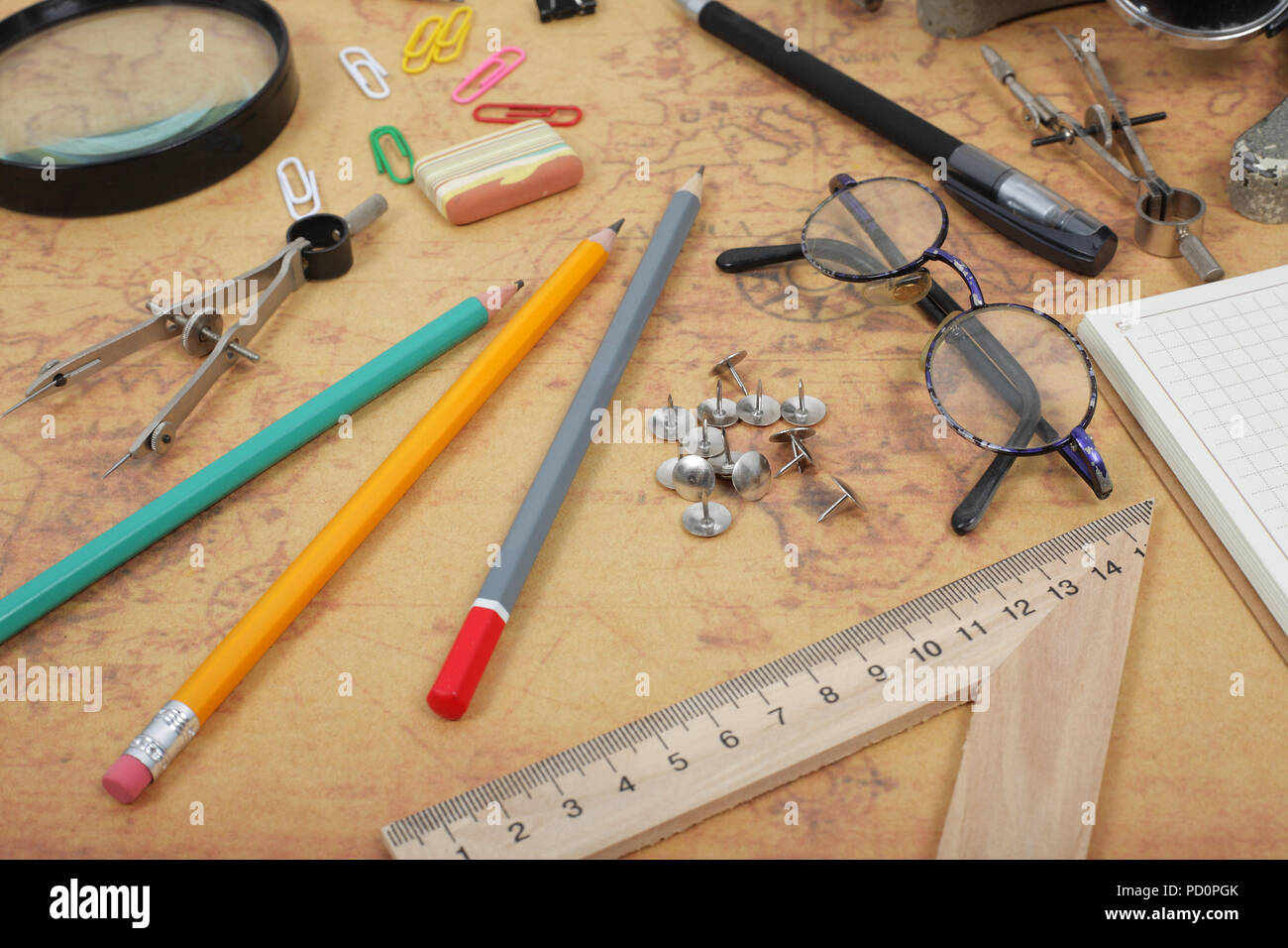 Science and education - Desktop of the scientist objects map background ...