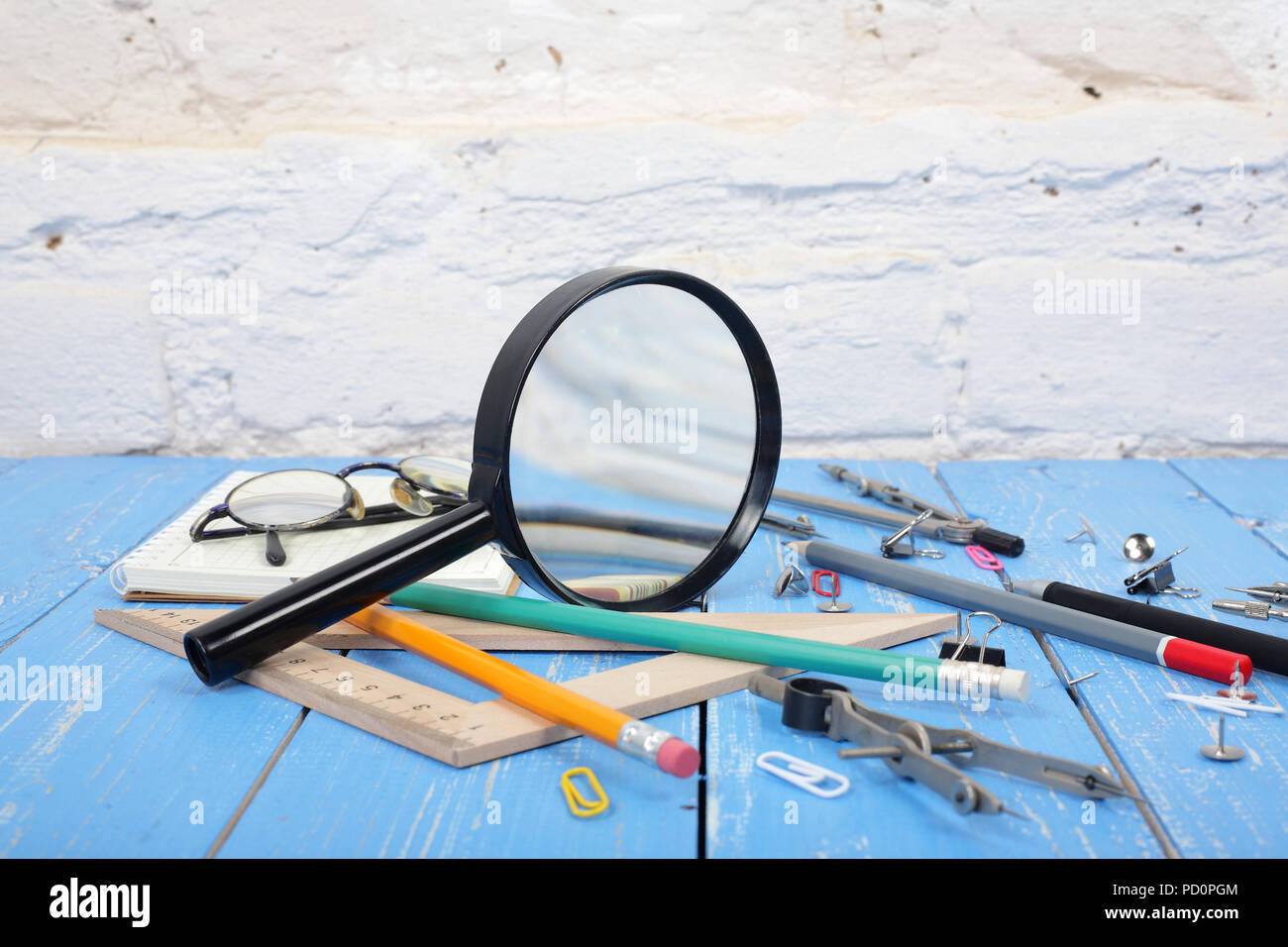 Science and education - Desktop of the scientist objects wooden and ...