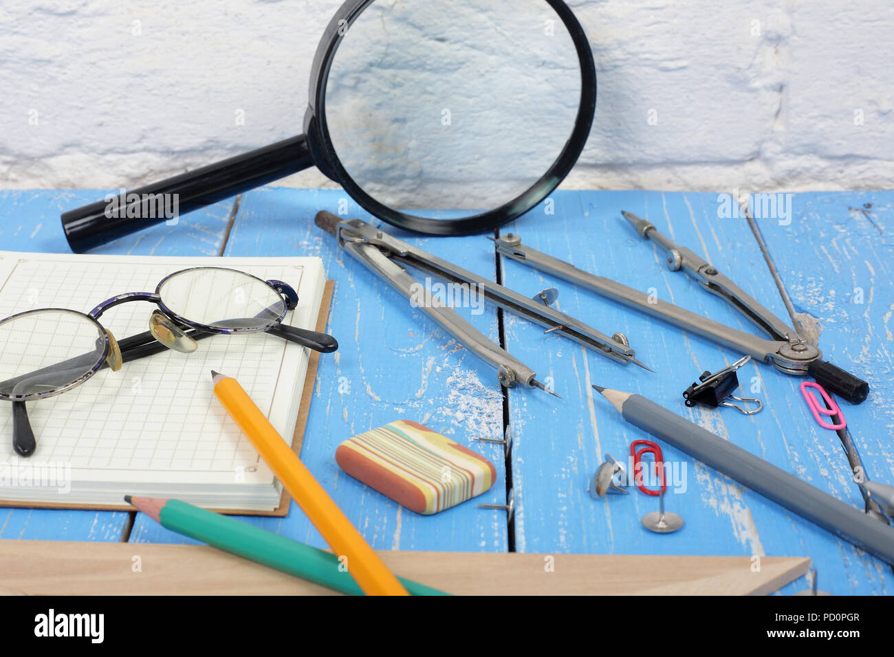 Science and education - Desktop of the scientist objects wooden and ...