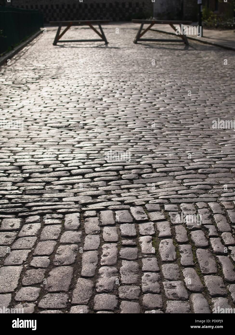 Romantic cobblestone pavement street background with reflection of ...