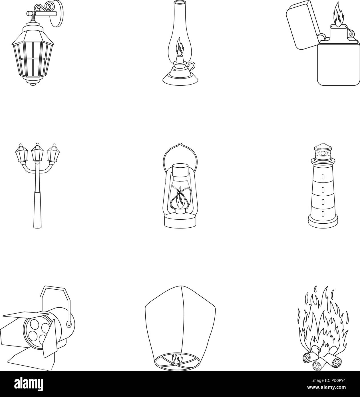 Light source set icons in outline style. Big collection of light source ...