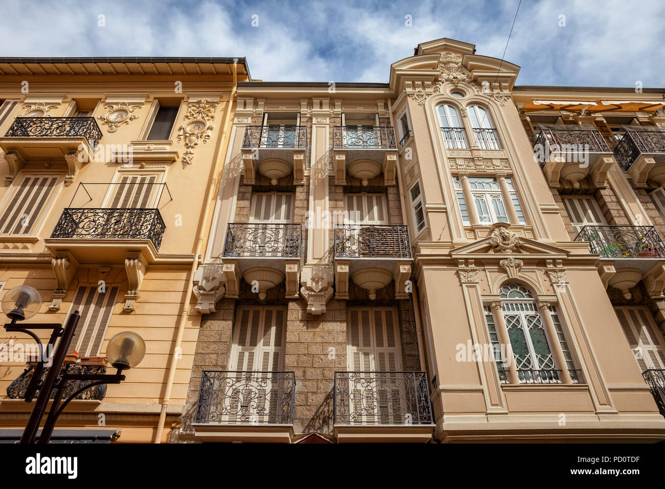 Old apartment buildings, traditional houses with balconies in Monaco ...