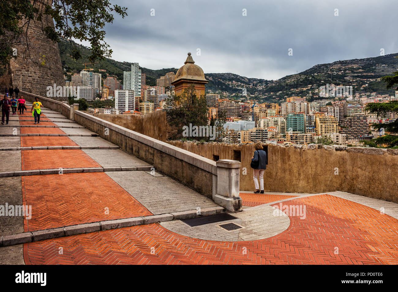 Stairs to the Monaco City (Monaco-Ville) with Prince's Palace of Monaco ...