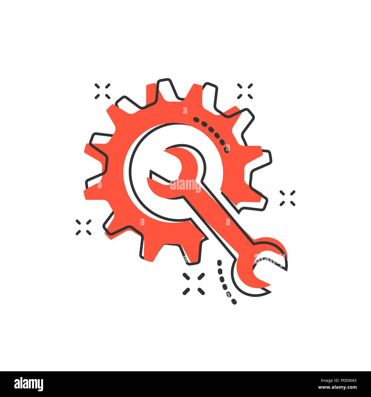 Vector cartoon service tool icon in comic style. Cogwheel with wrench ...