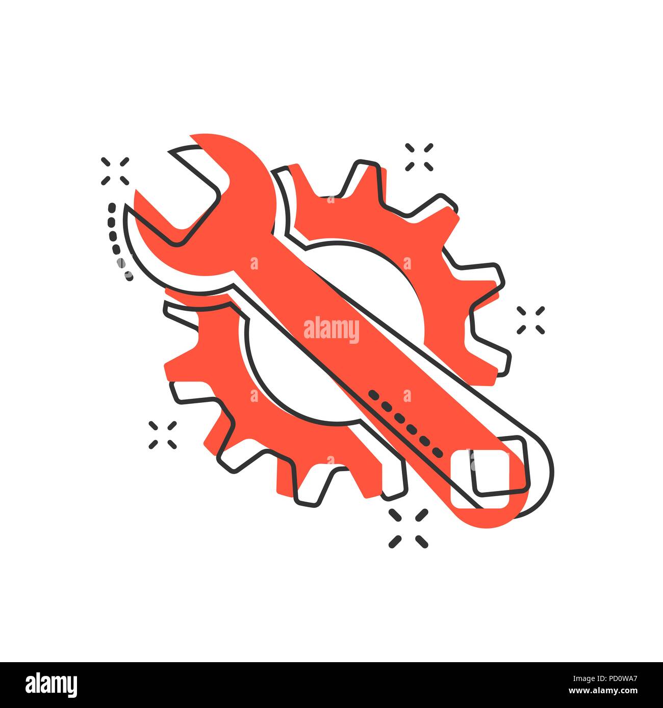 Vector cartoon service tool icon in comic style. Cogwheel with wrench ...