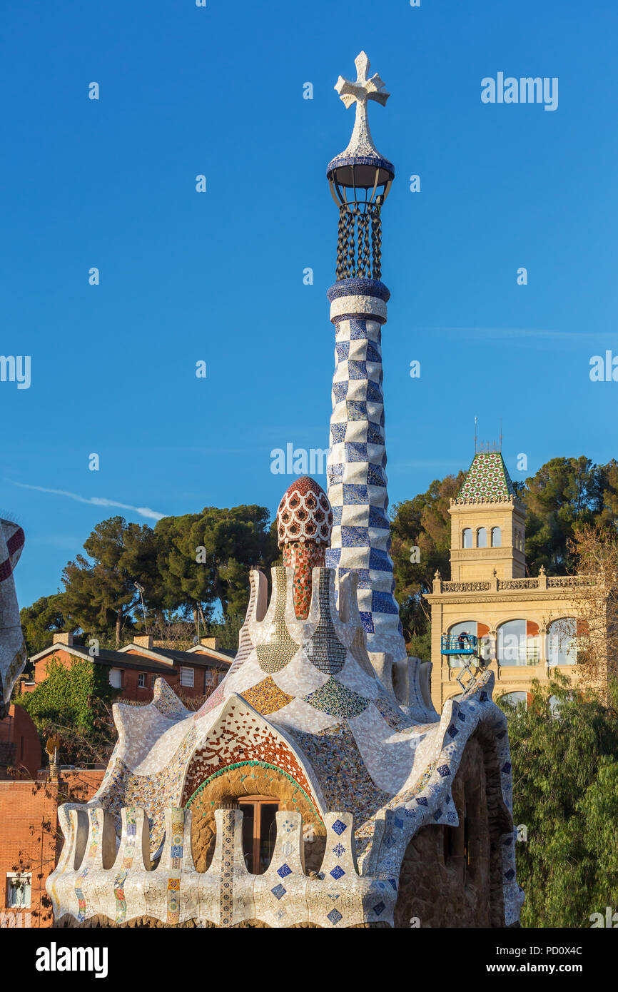 Barcelona, Spain - March 28, 2018: Famous Casa del Guarda in Park Guell ...