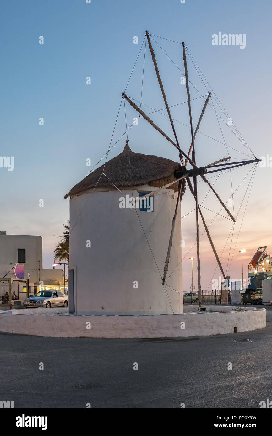 Traditional cycladic windmill at sunset on Paros island, Cyclades ...
