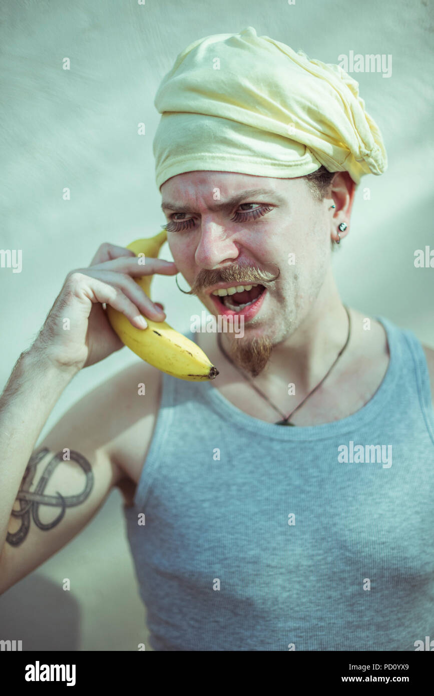 Creative portraits of a young white man with a yellow turban, curly ...