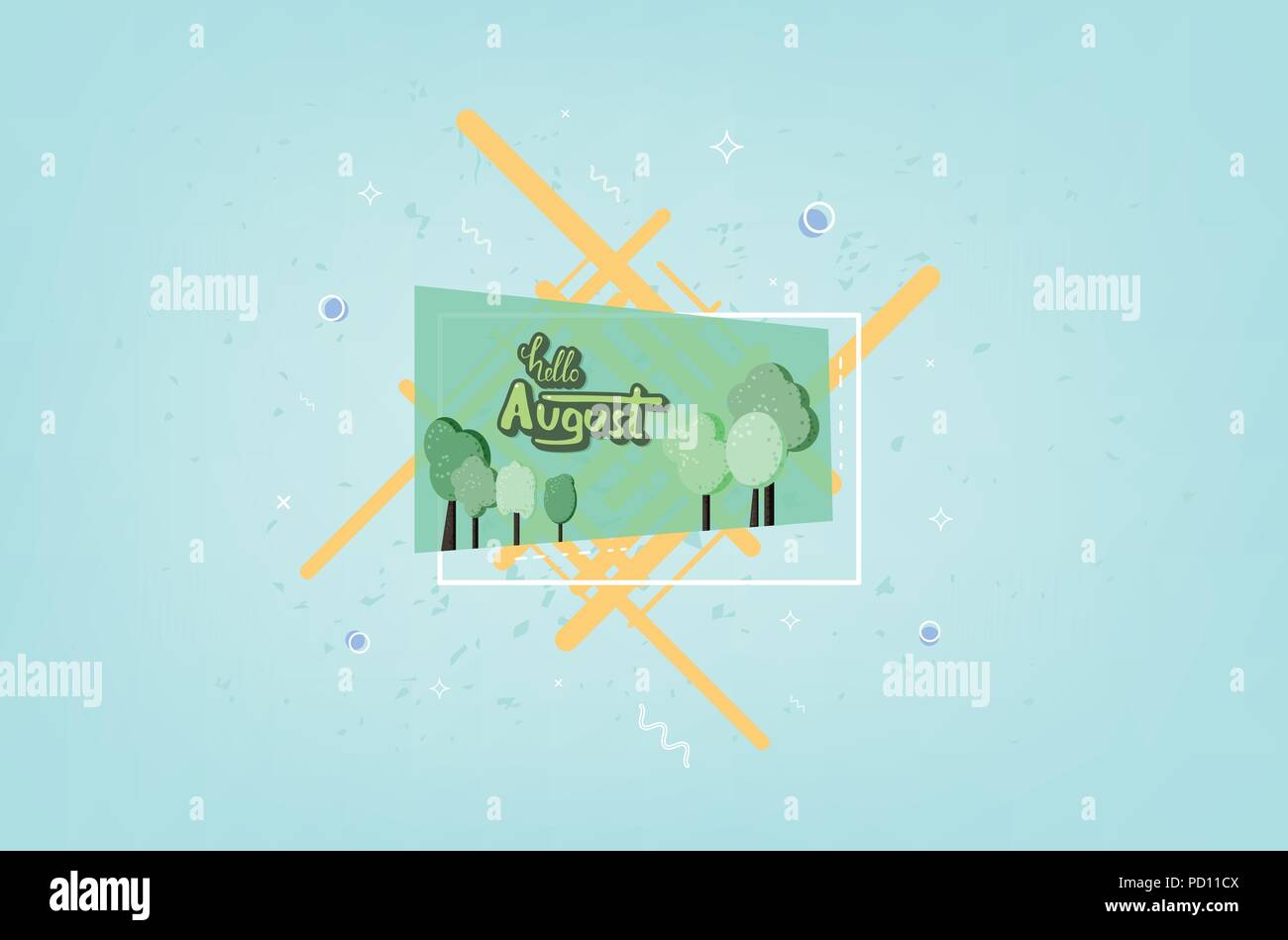 Hello august greeting card. Handwritten sticker lettering with bright ...