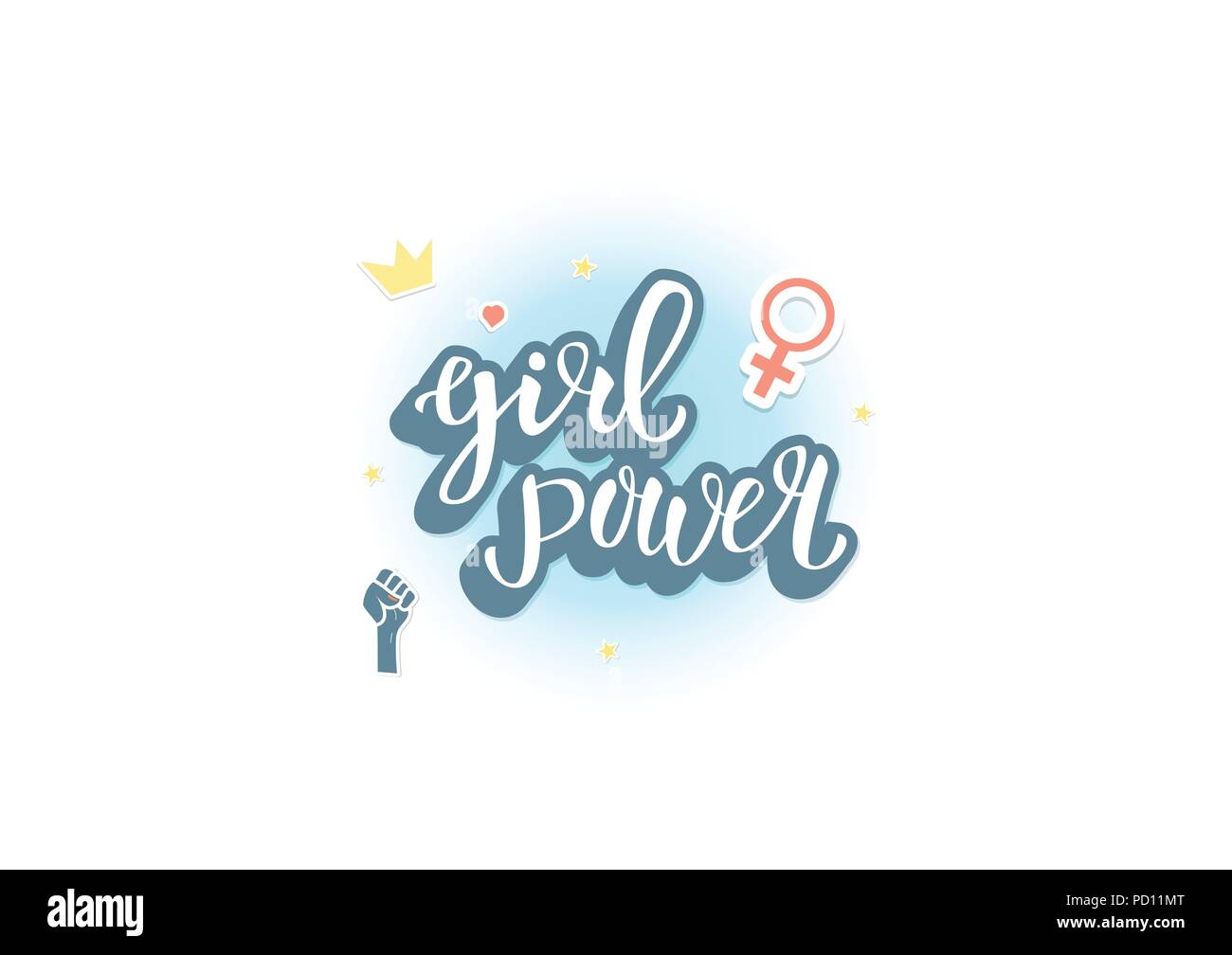 Girl power handwritten lettering composition stickers card. Background ...