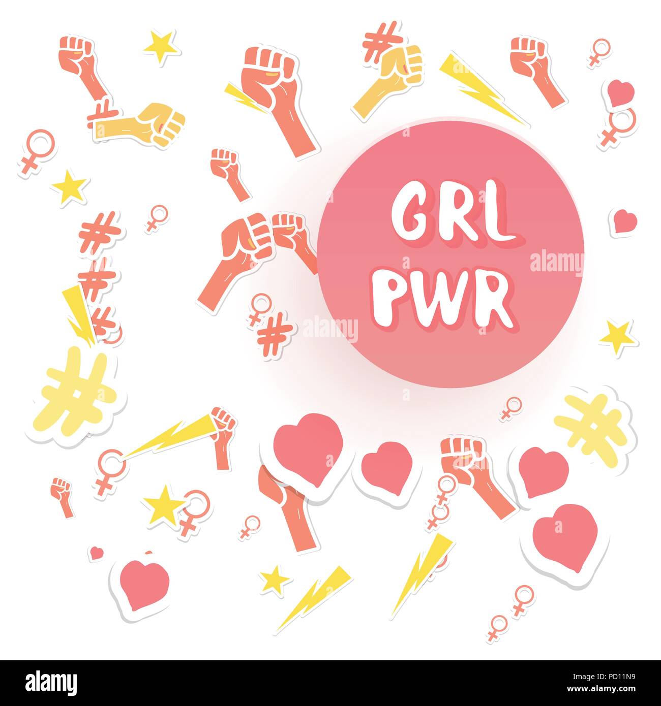 Girl power composition with stickers card. Background with simple items ...