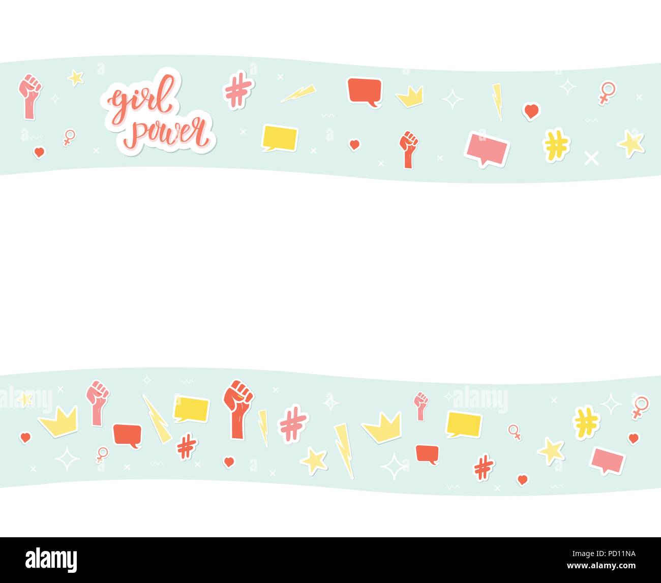 Girl power composition stickers card. Background with simple items ...