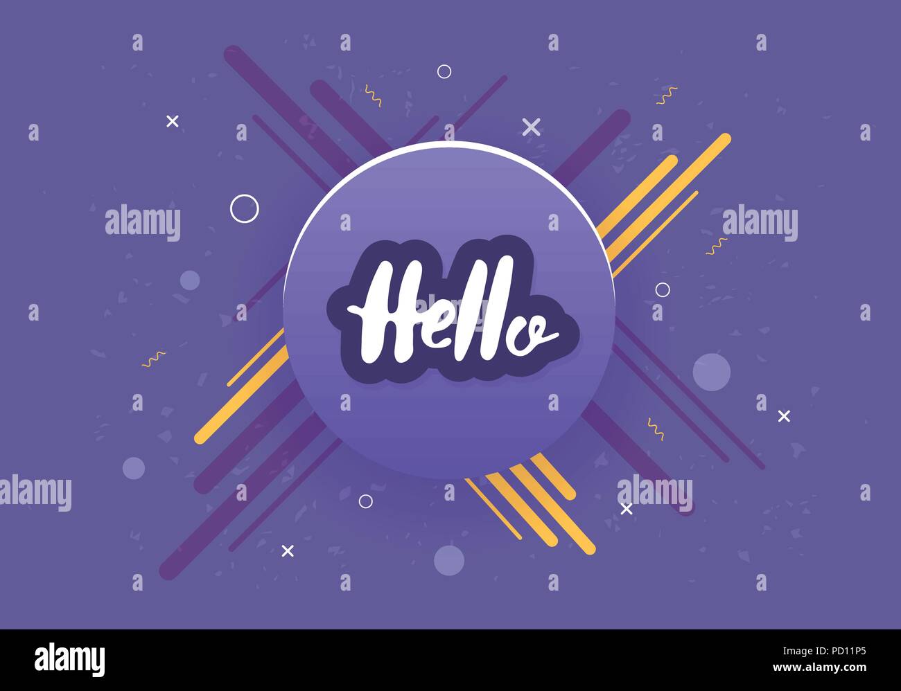 Hello sticker with circle badge and geometric composition. Hello quote ...