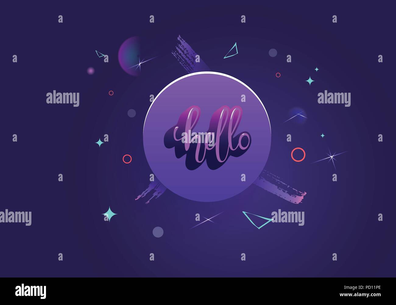 Hello word. Lettering with round badge and decoration. Hello quote for ...